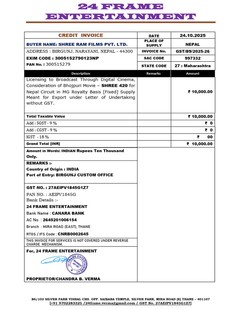 Credit Invoice - Bill No.89 (Shree Ram Films - Nepal) Shree 420 | PDF
