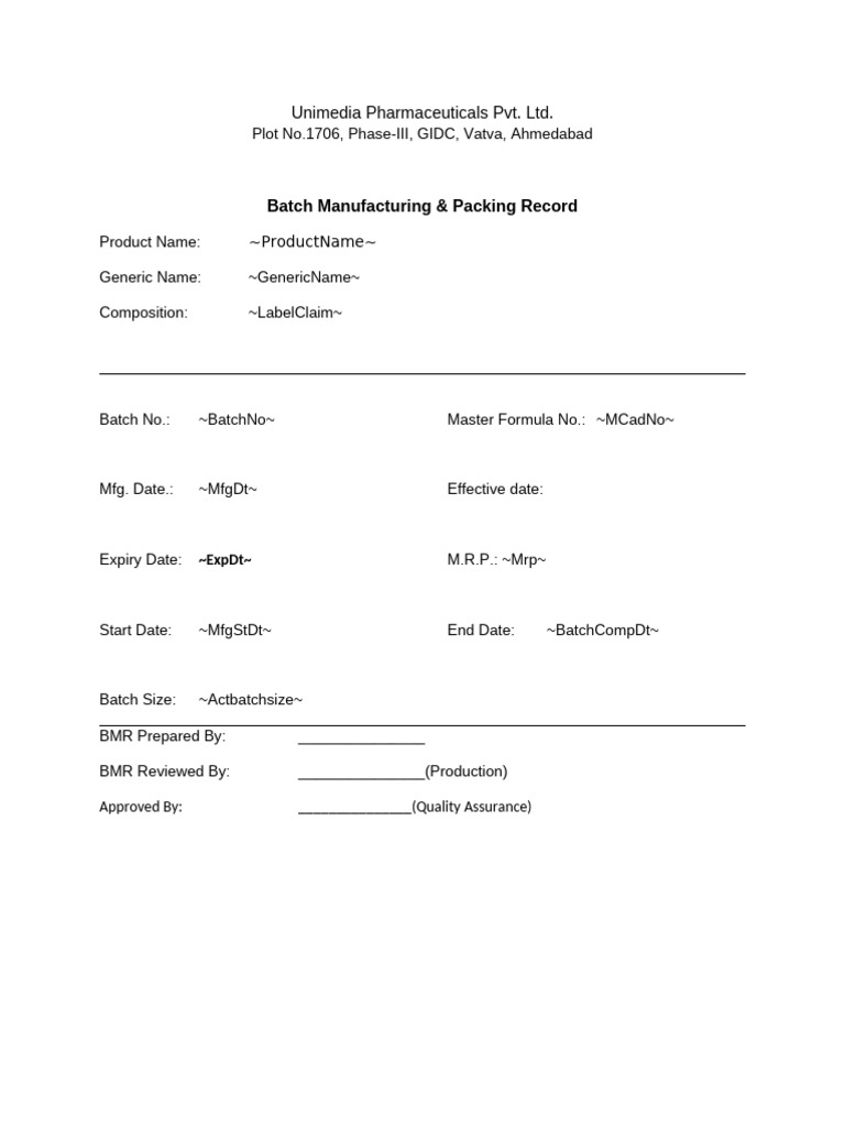 Batch Manufacturing Record for Pharmaceuticals | PDF