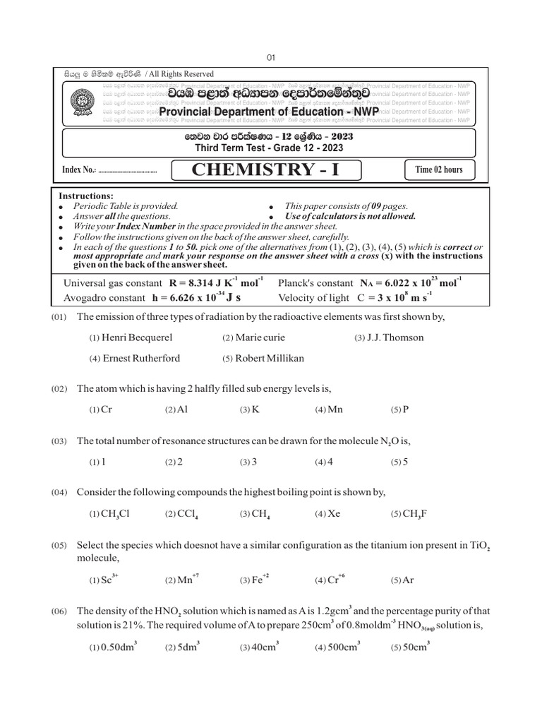 Grade 12 Chemistry 3rd Term Test 2023 | PDF