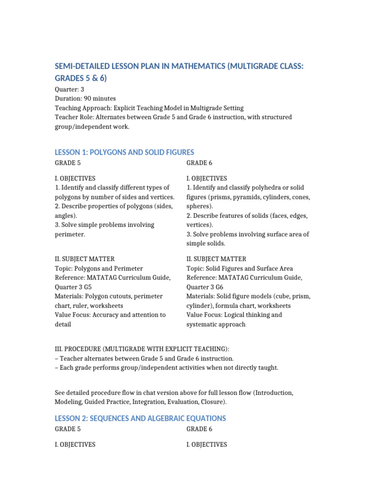 Multigrade Math Lesson Plan: Grades 5-6 | PDF | Equations | Polygon