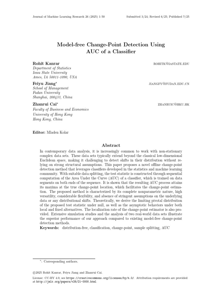 Model-Free Change-Point Detection Using AUC of A Classifier | PDF ...