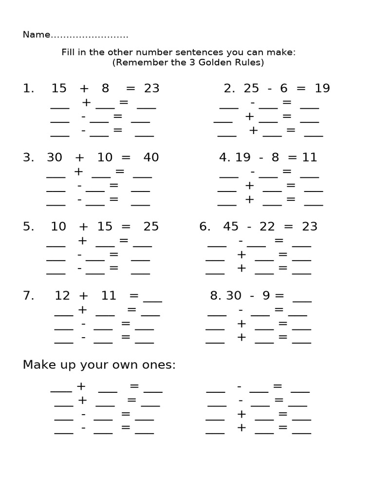 Fill in the Number Sentences Worksheet | PDF