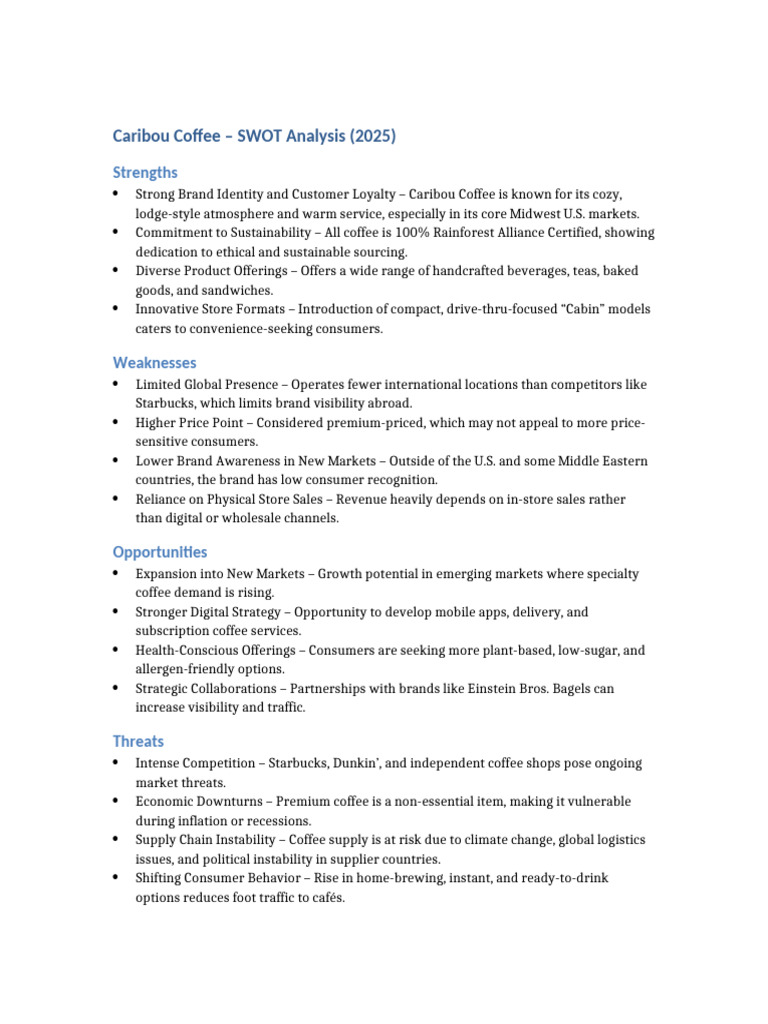 Caribou Coffee SWOT Analysis 2025 | PDF | Coffee | Brand