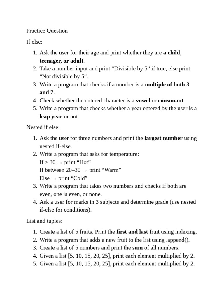 Practice Question If Else List Tuple and Loops | PDF