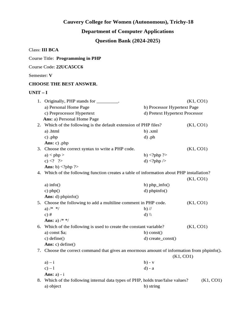 22uca5cc6-Programming in PHP | PDF | Php | Boolean Data Type