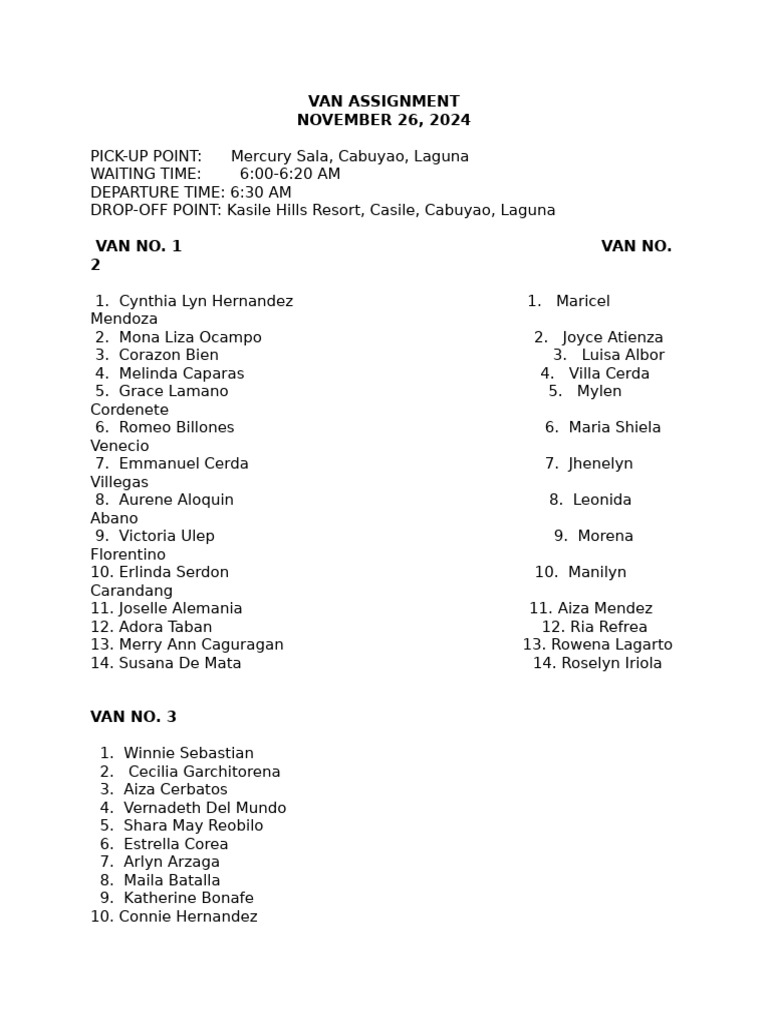 Van Assignment for Cabuyao Trip | PDF