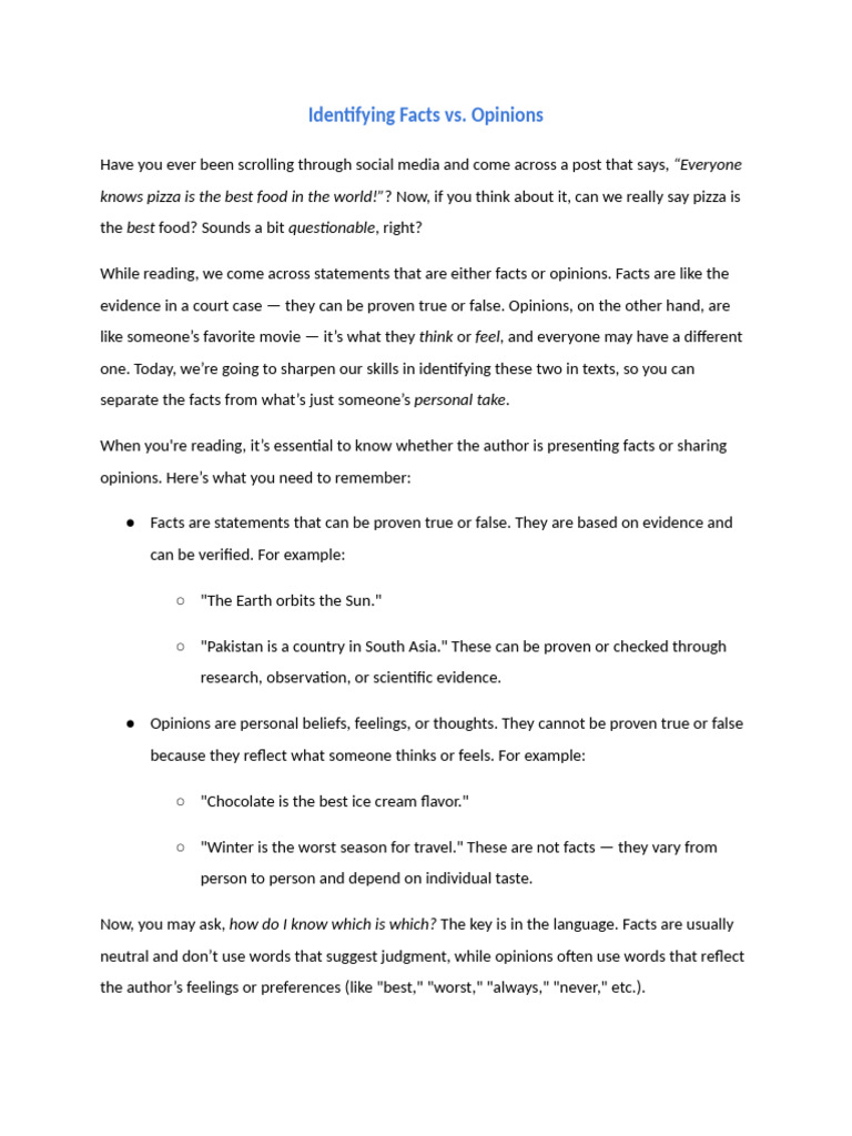 Identifying Facts Vs Opinions | PDF | Evidence | Cognitive Science