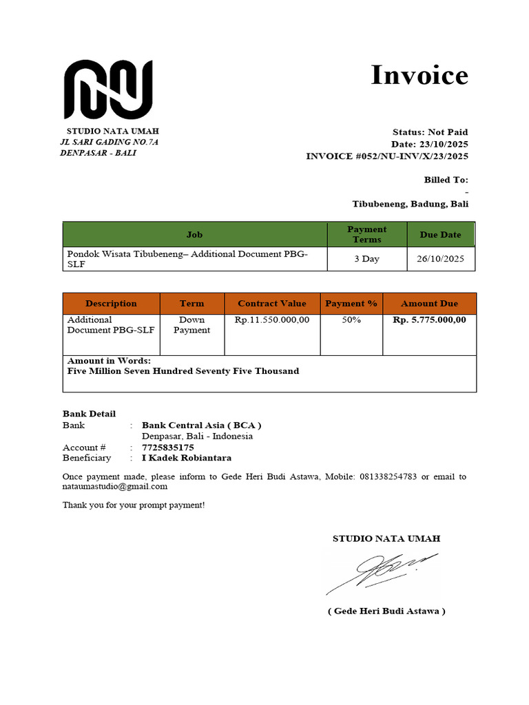 Invoice for Pondok Wisata Tibubeneng | PDF