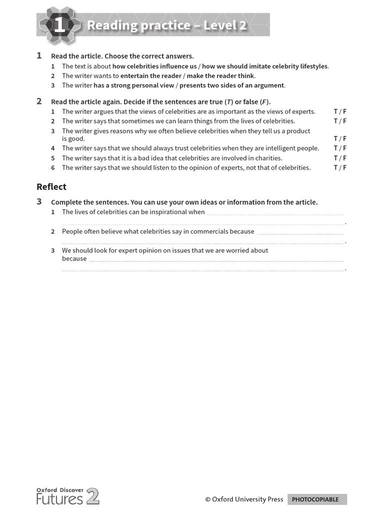 ODF2 Unit 1 Reading Practice L2 | PDF | Reason | Celebrity