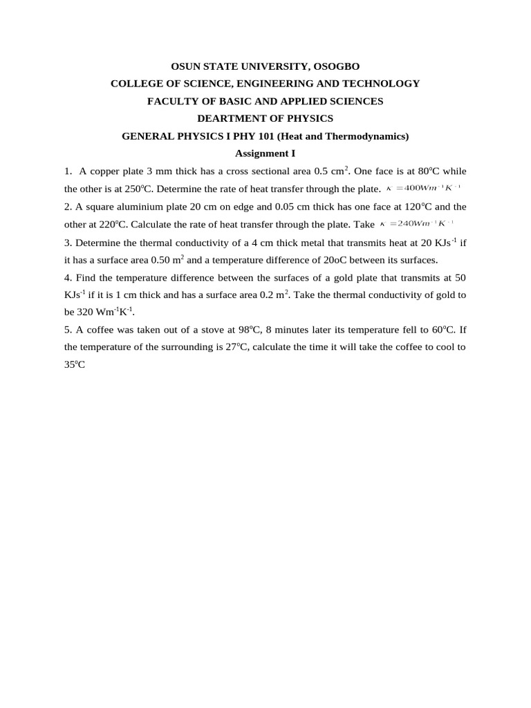 PHY 101 Heat and Thermodynamics Assignment | PDF
