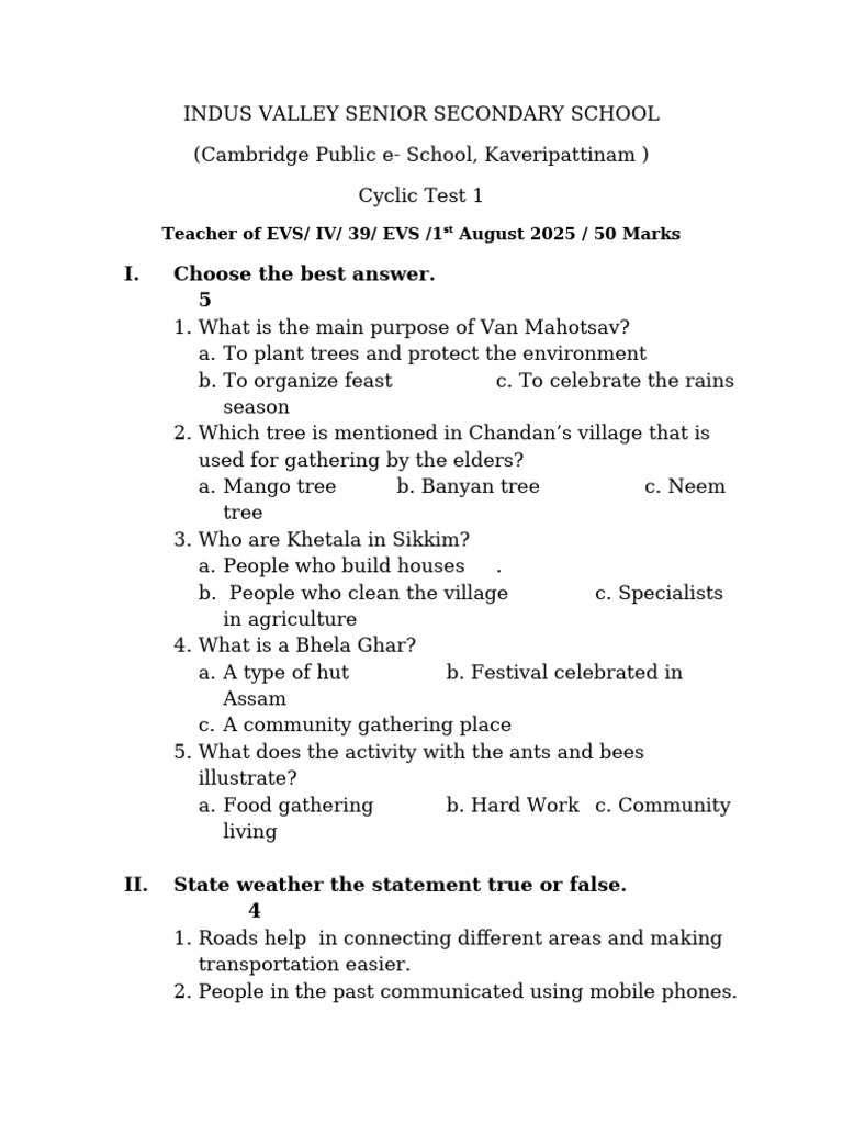 EVS Cyclic Test for Indus Valley School | PDF