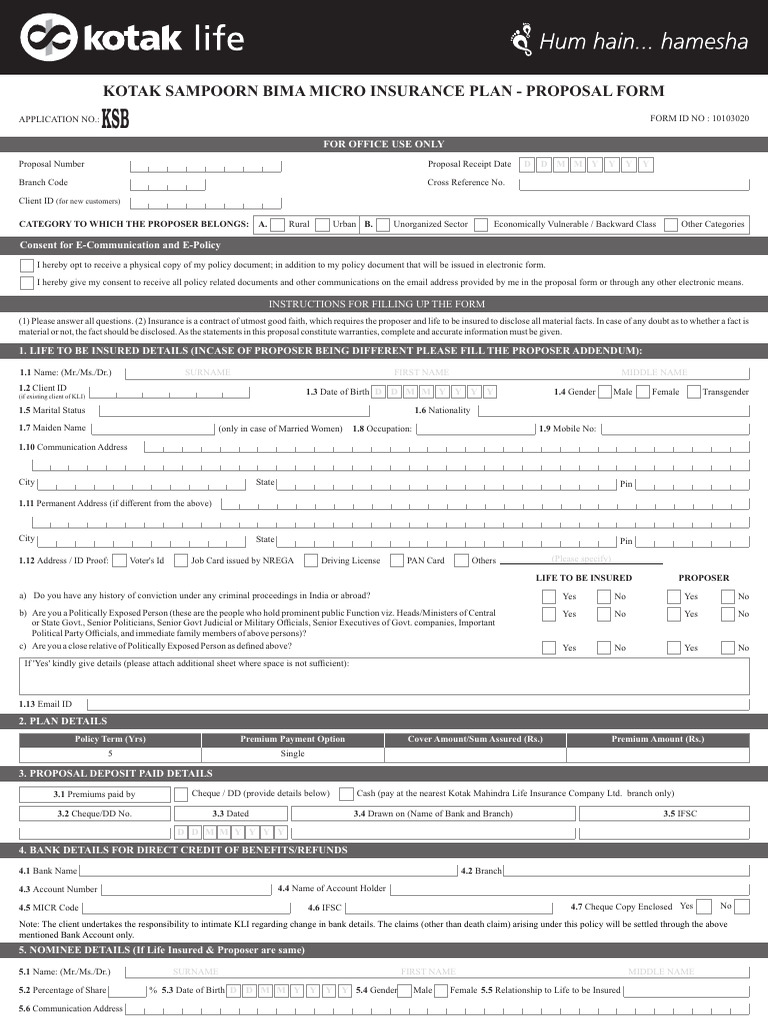 Kotak Life Insurance Proposal Form | PDF | Insurance | Cheque