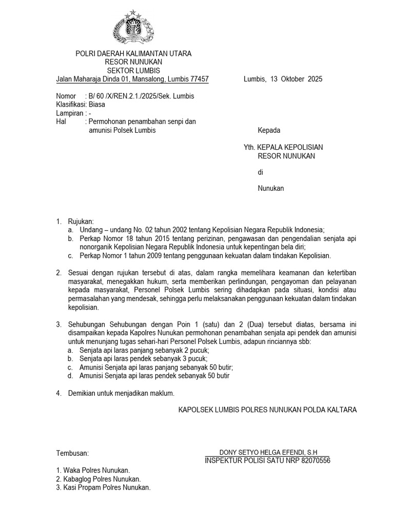 Permohonan Penambahan Senpi Dan Amunisi Oktober | PDF