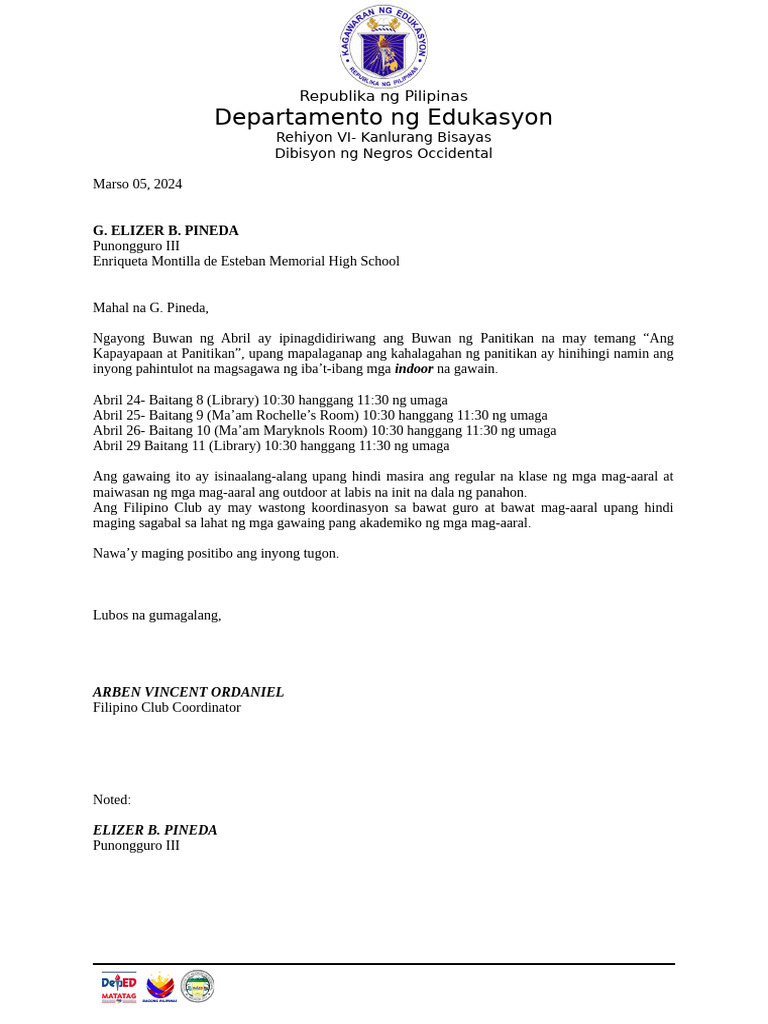 Pahintulot Na Sulat Sa Filipino Fest | PDF