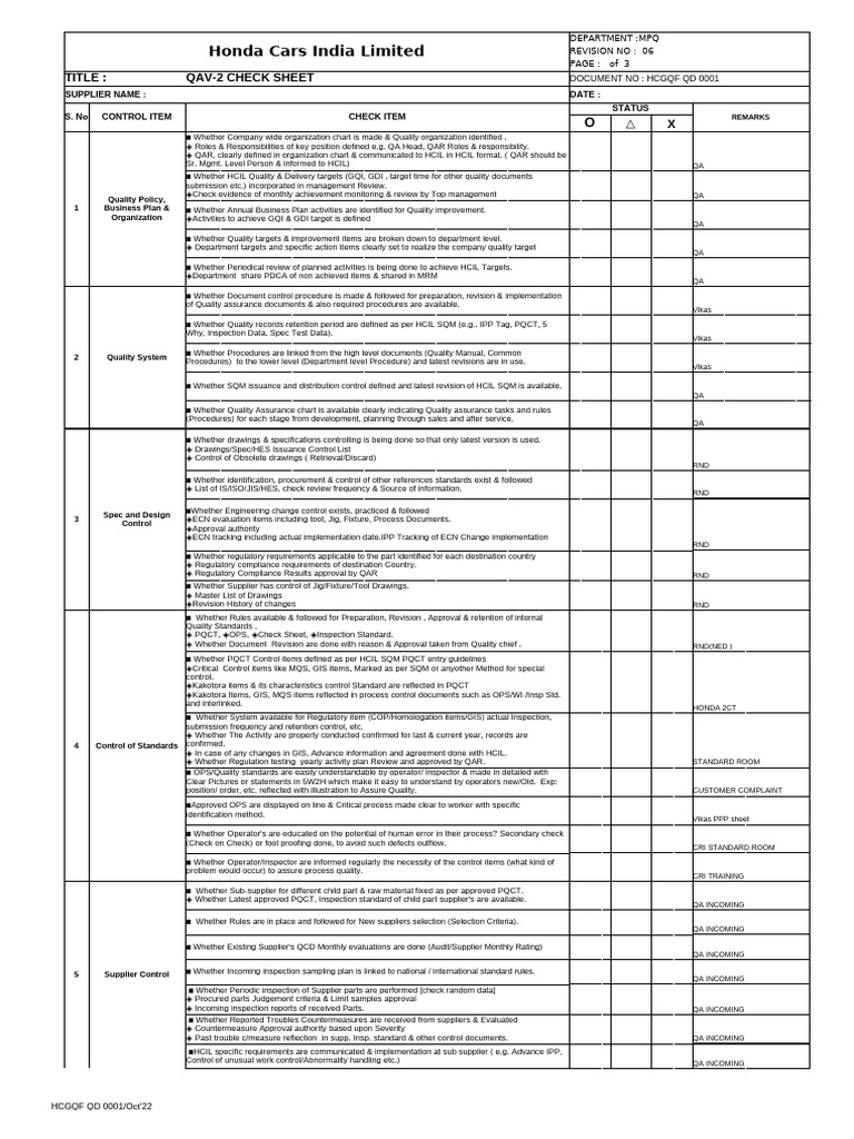 HCGQF QD 0001: QAV-2 Check Sheet | PDF | Calibration | Audit