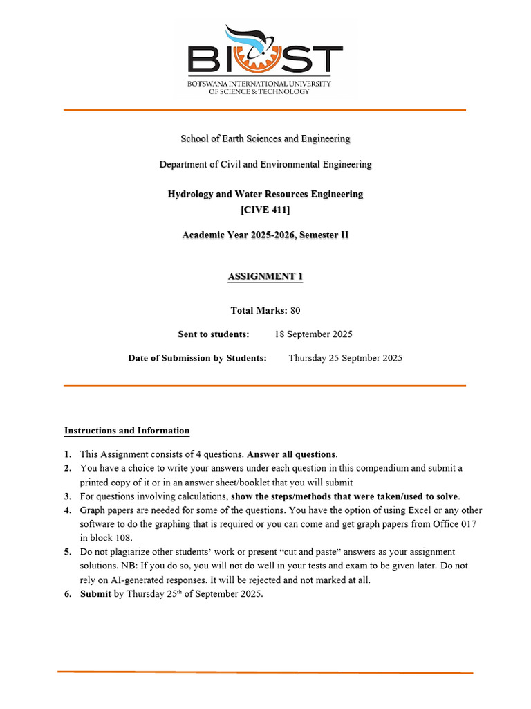 CIVE 411 2025-2026 SEMII - Assignment 1 - Due On 25 September 2025 | PDF | Drainage Basin ...