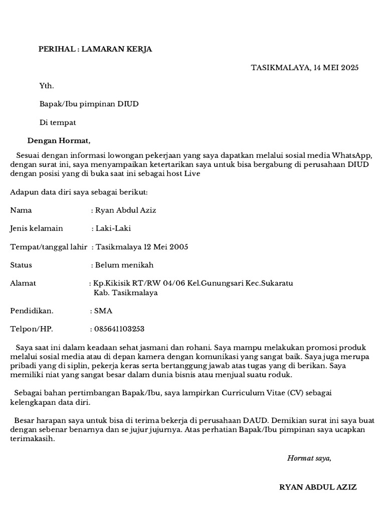 Surat Lamaran Kerja Ryan | PDF