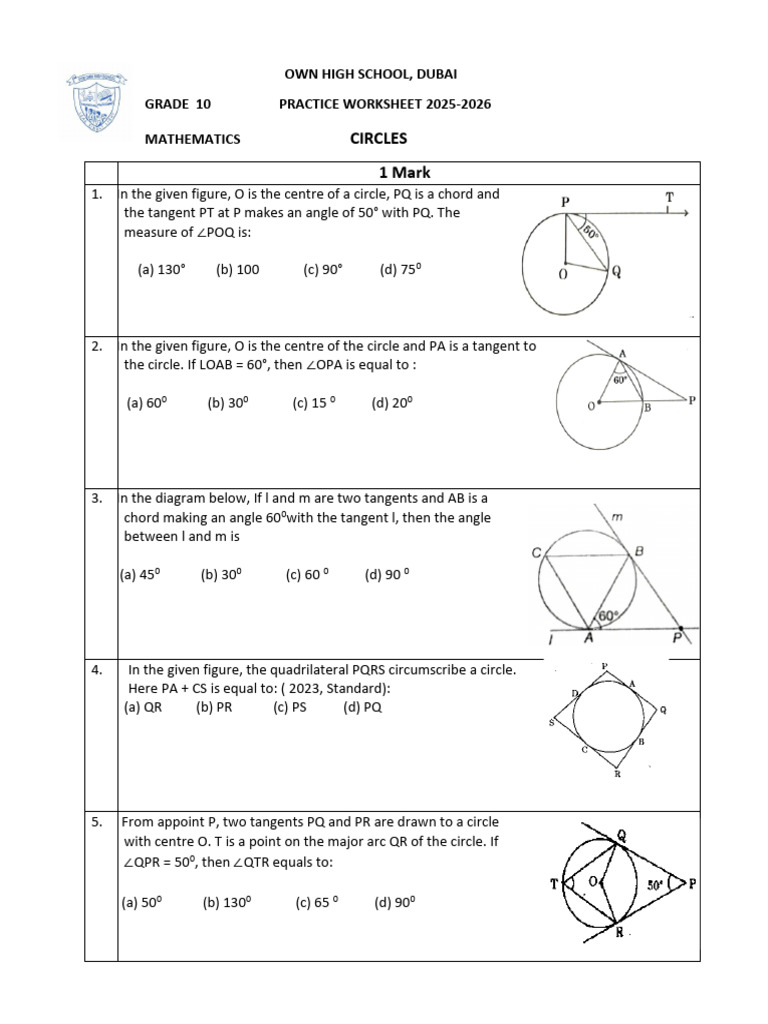 Practice Sheet G 10 Circles 2025 2026 | PDF | Circle | Geometry