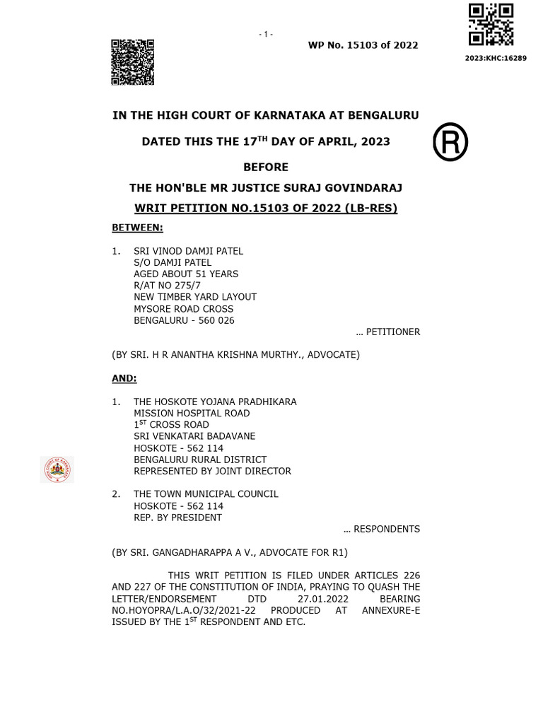WP 15103-2022, Vinod Damji Patel | PDF | Certiorari | Public Law