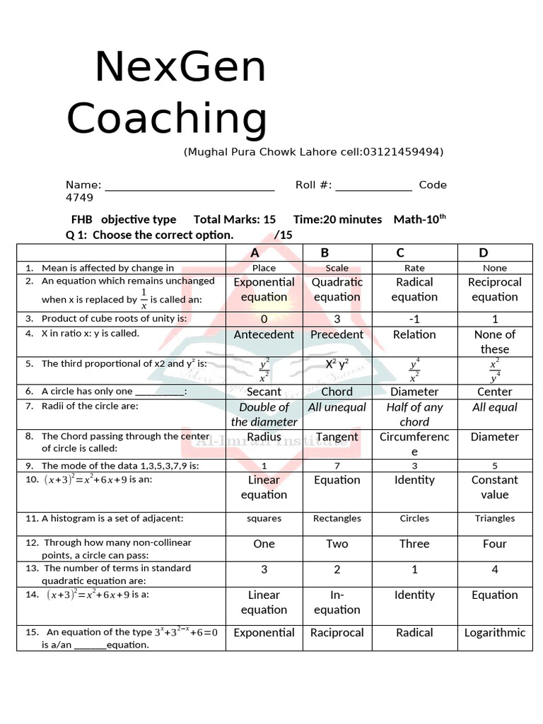 FHB Math 10th | PDF | Circle | Equations