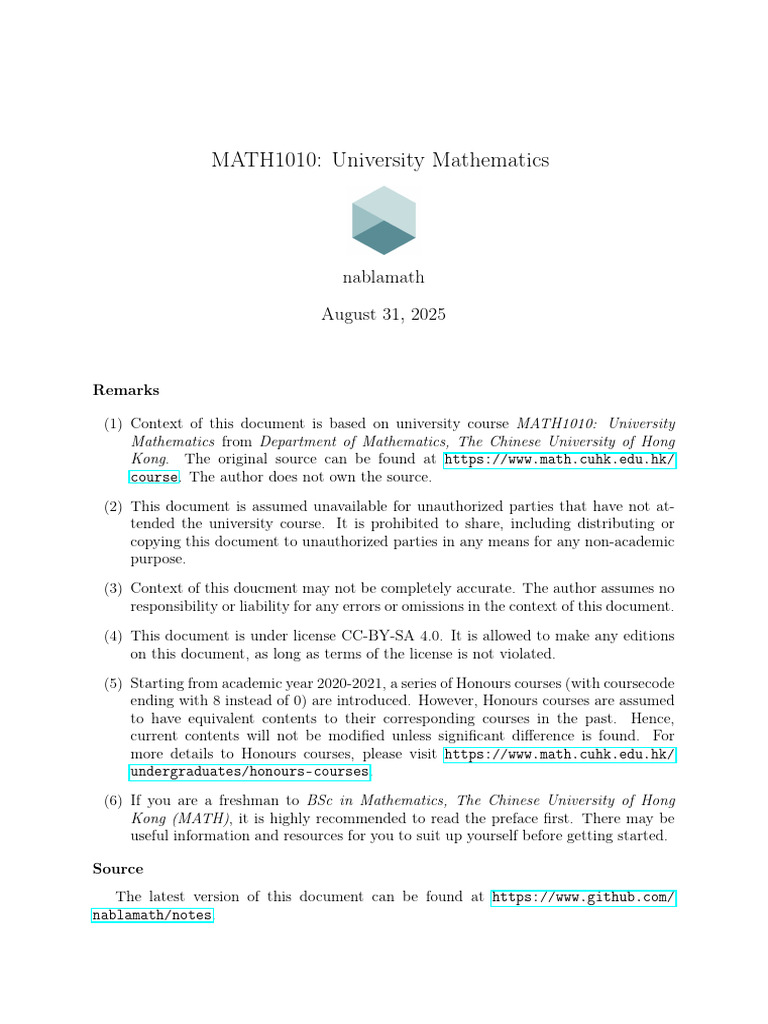CUHK MATH1010 Course Overview | PDF | Trigonometric Functions | Limit ...