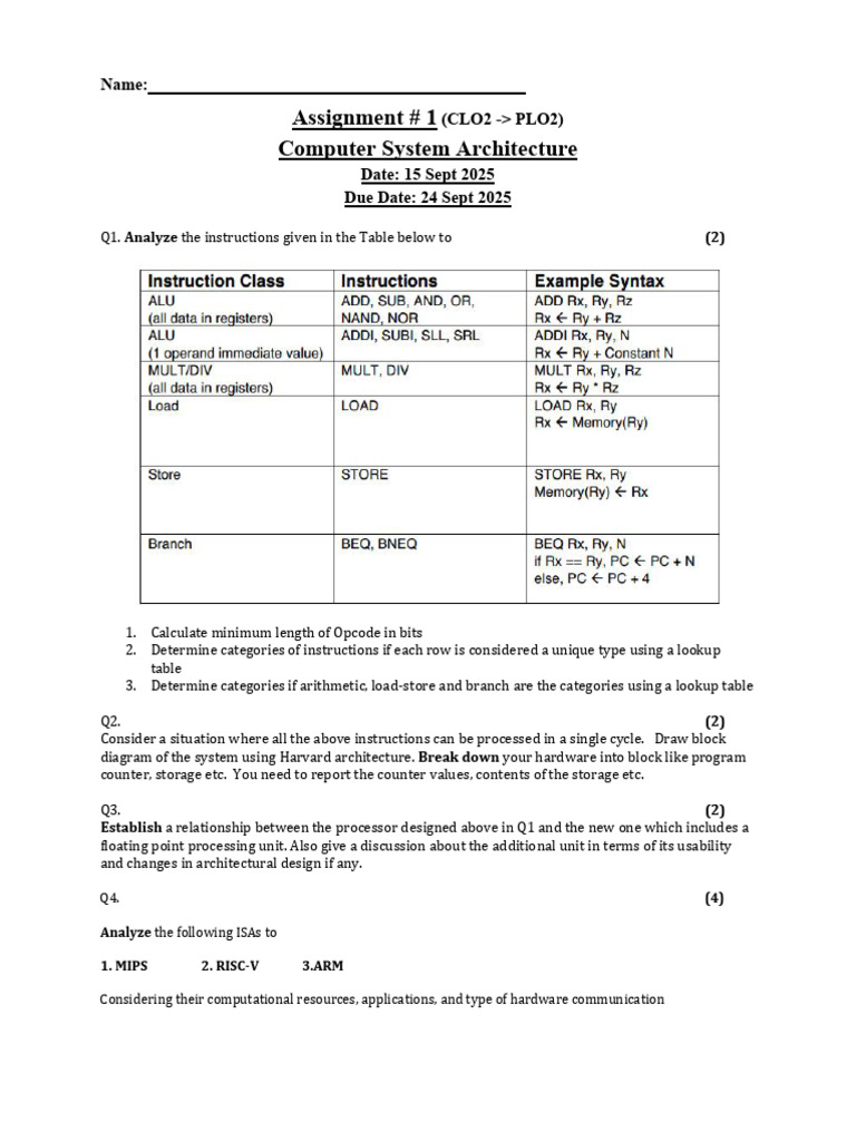 Assignment # 1 Computer System Architecture: Name: - (CLO2 - PLO2) | PDF