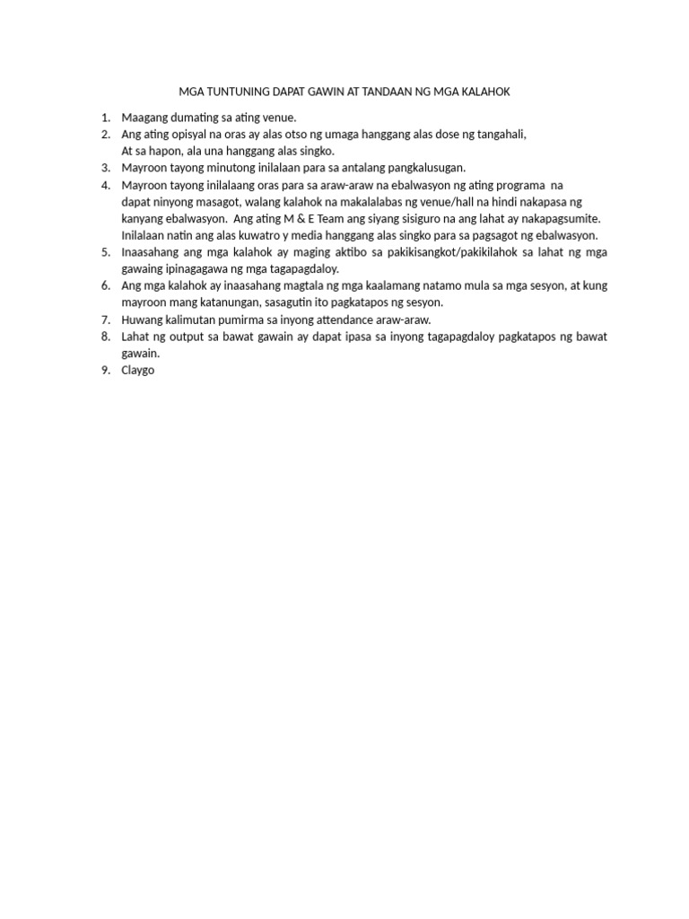 Mga Tuntuning Dapat Gawin at Tandaan NG Mga Kalahok | PDF