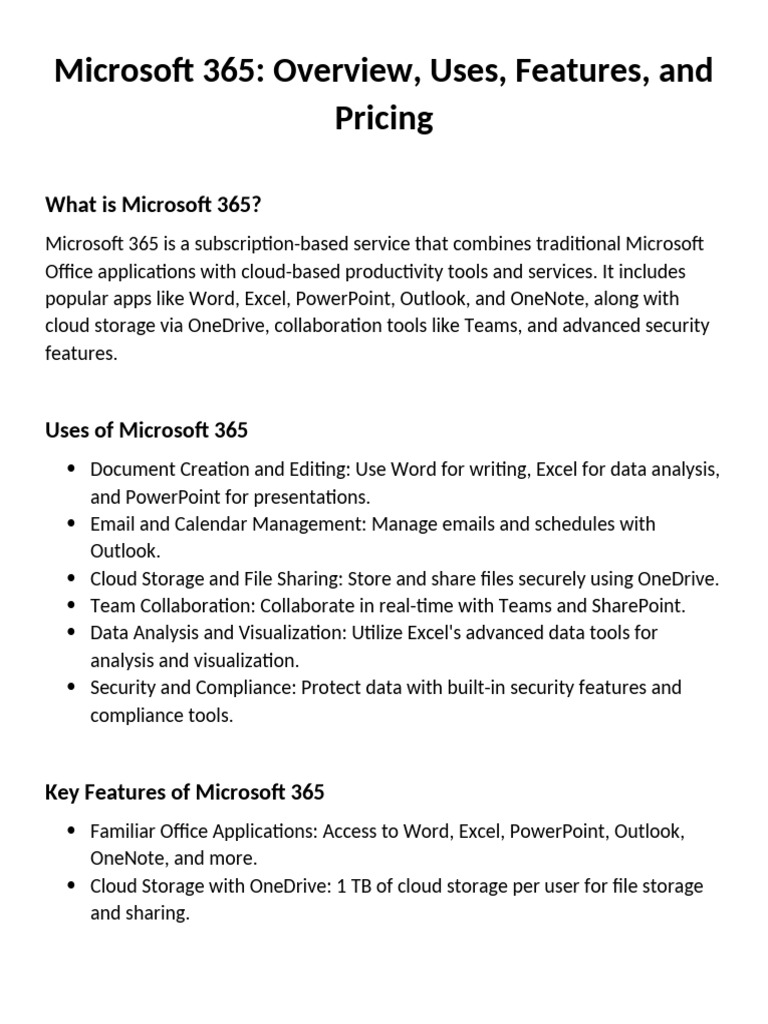 Microsoft 365: Features and Pricing Overview | PDF | Microsoft Office ...