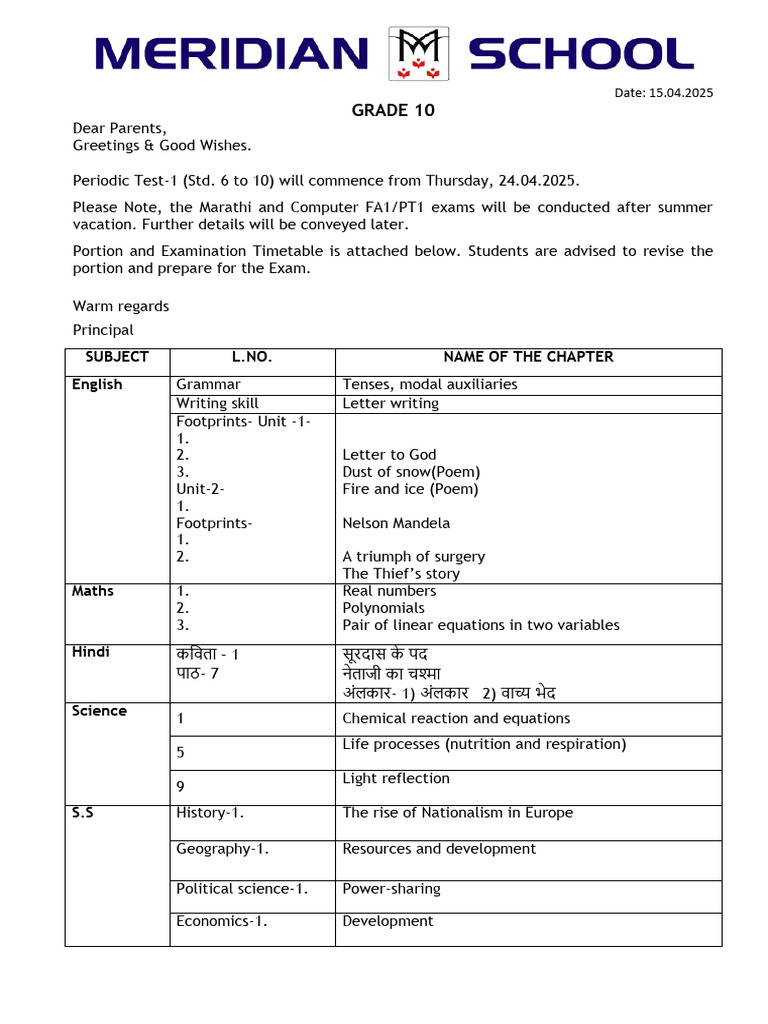 Grade 10 Periodic Test-1 Timetable | PDF