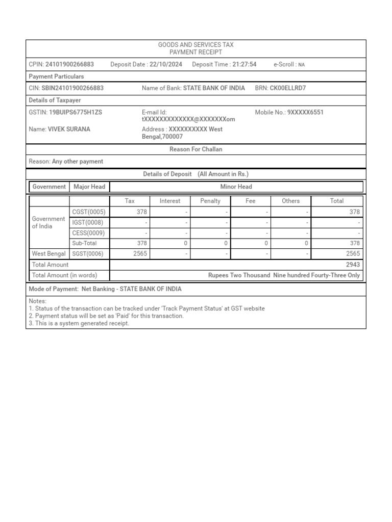 GST Payment Receipt for Vivek Surana | PDF