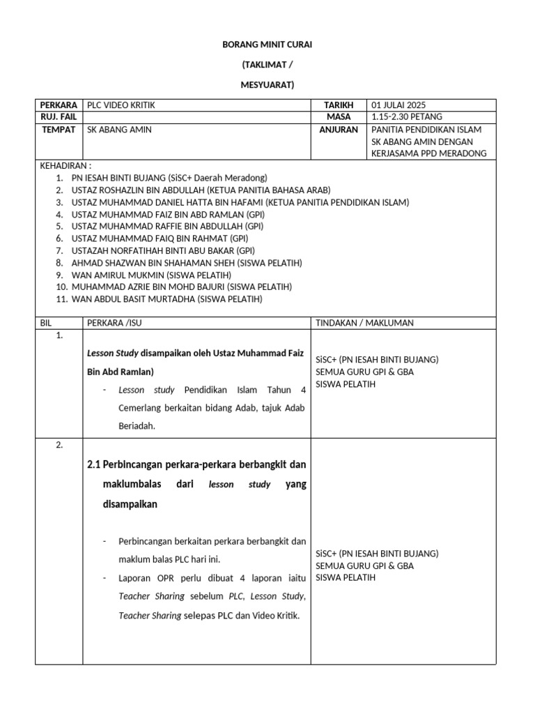 Minit Curai PLC Video Kritik (1 Julai 2025) - 1 - 251022 - 134934 | PDF