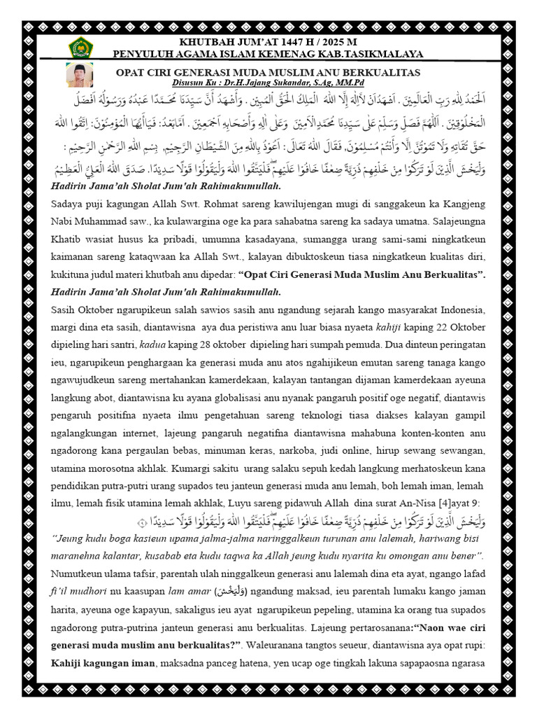 77.khutbah Jum'at Opat Ciri Generasi Muda Muslim Anu Berkualitas | PDF