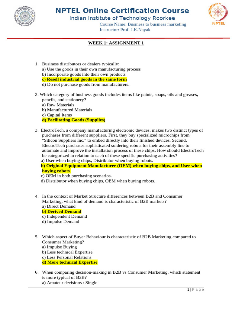 Assignment Week 1 Solution | PDF | Marketing | Goods