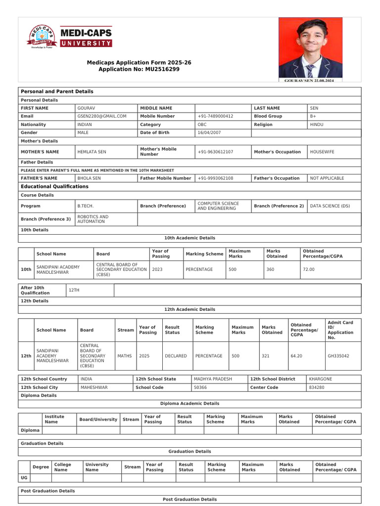 Medicaps B.Tech Application Form 2025-26 | PDF