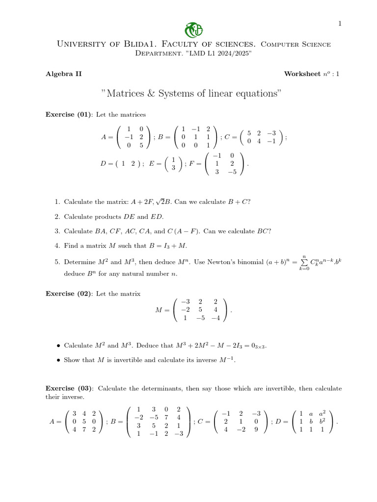 Algebra II: Matrices and Linear Systems | PDF | Matrix (Mathematics ...
