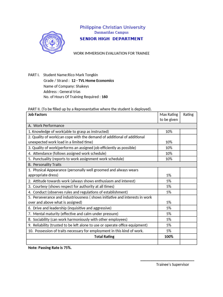 Work Immersion Evaluation Form | PDF