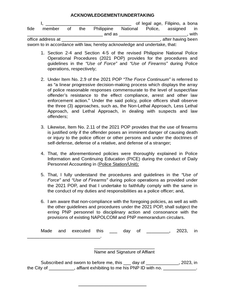 Force Continuum Acknowledgement Undertaking | PDF | Police | Use Of Force