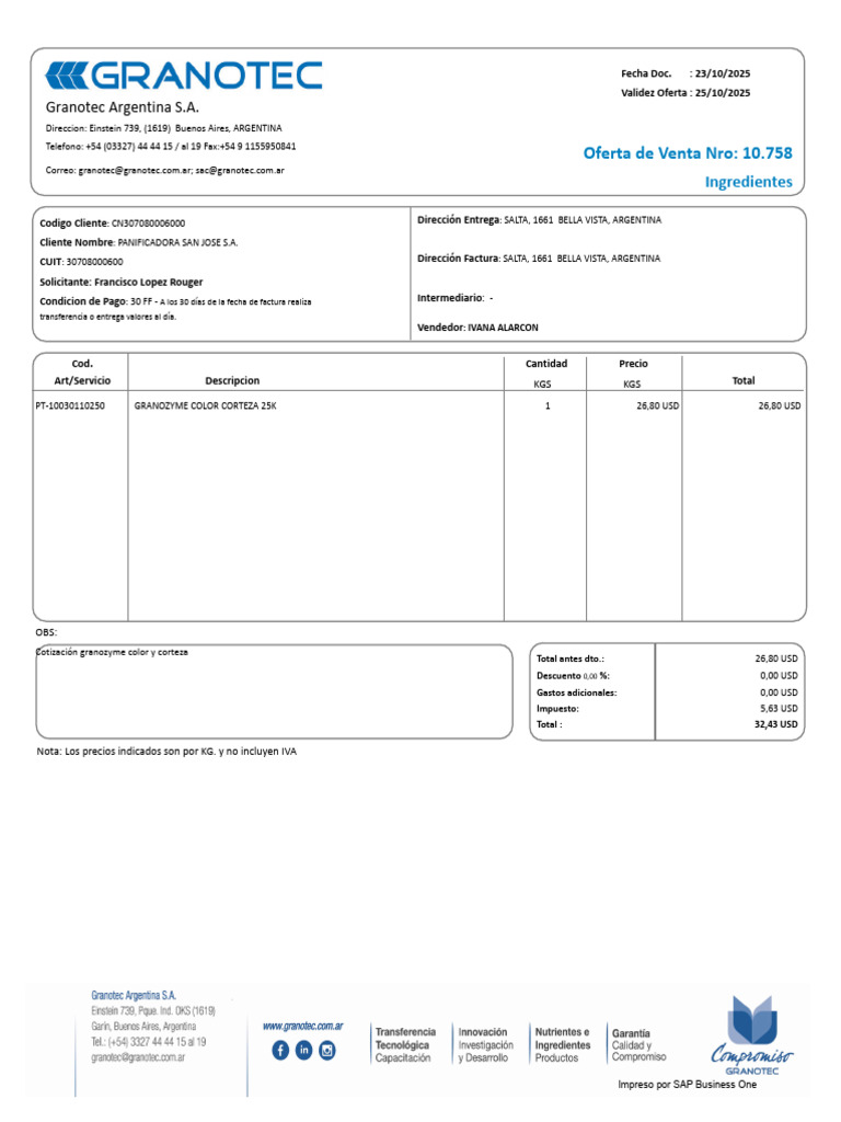 Oferta de Ventas - 20251023 - 112001 - Panificadora San Jose | PDF