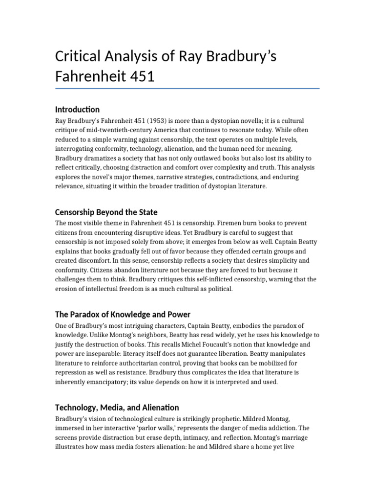 Fahrenheit 451 Critical Analysis | PDF