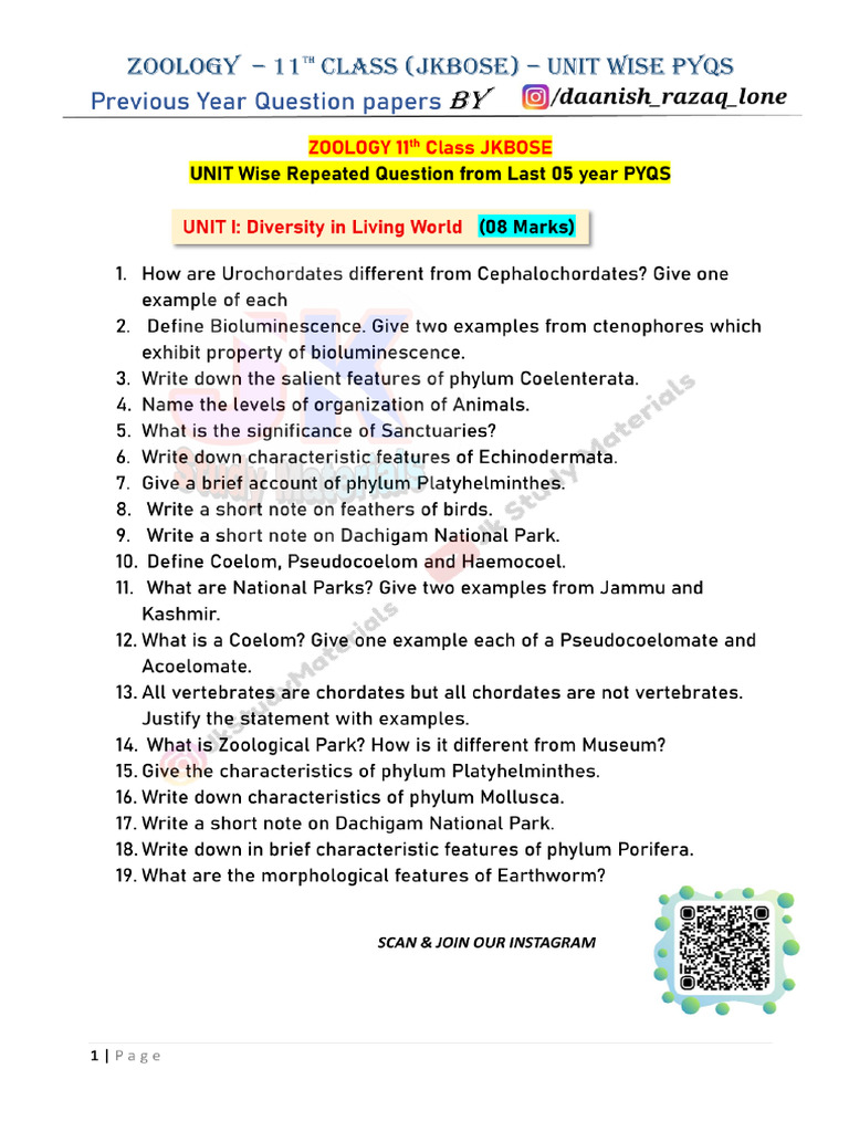 11th Zoology Last 05 Year PYQS (Unit Wise) | PDF