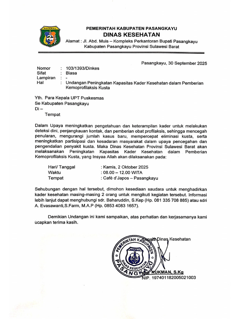 Undangan Peningkatan Kapasitas Kader Kesehatan Dalam Pemberian Kemoprofilaksis Kusta | PDF