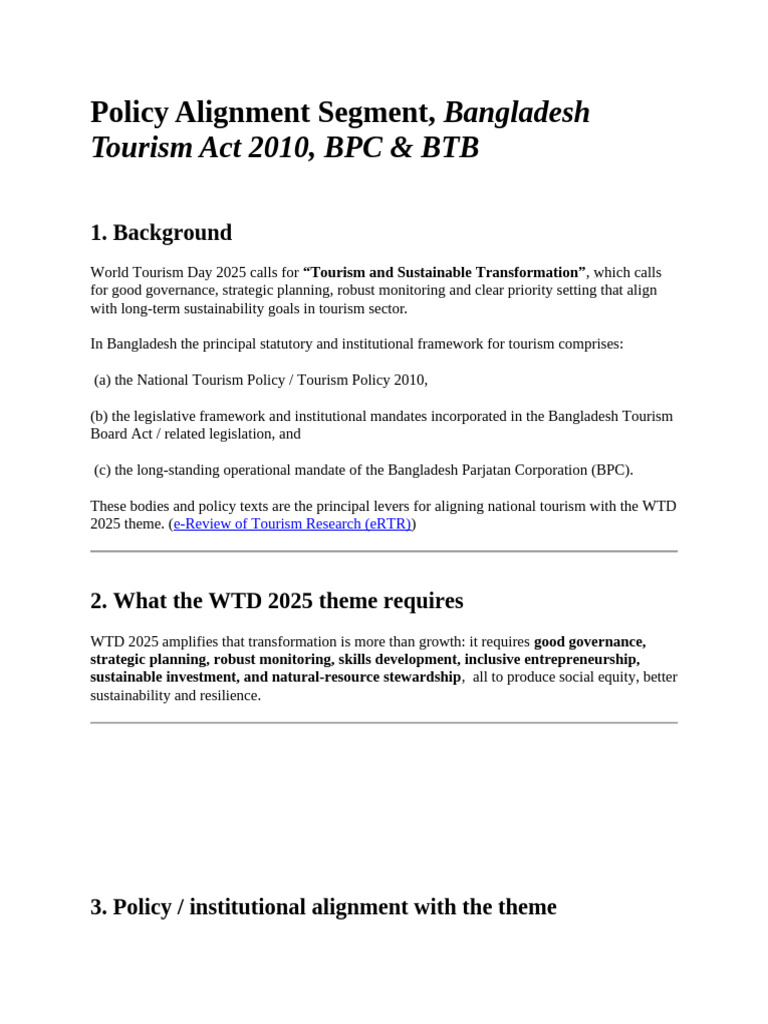 Bangladesh Tourism Policy Alignment 2025 | PDF | Climate Resilience ...