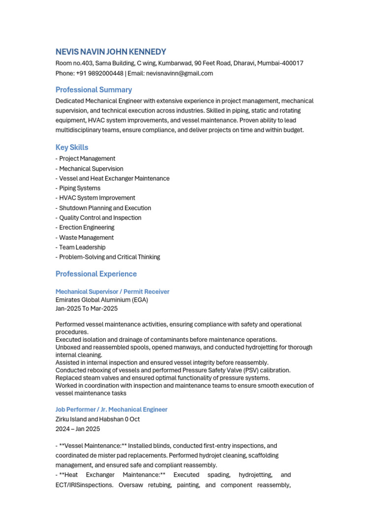 Nevis John Mechanical Project Manager . | PDF