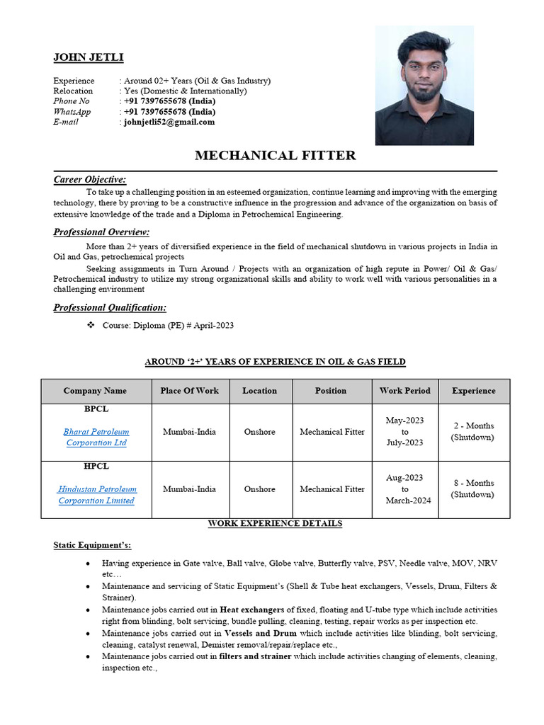 Mechanical Fitter Resume - Oil & Gas Expert | PDF | Safety