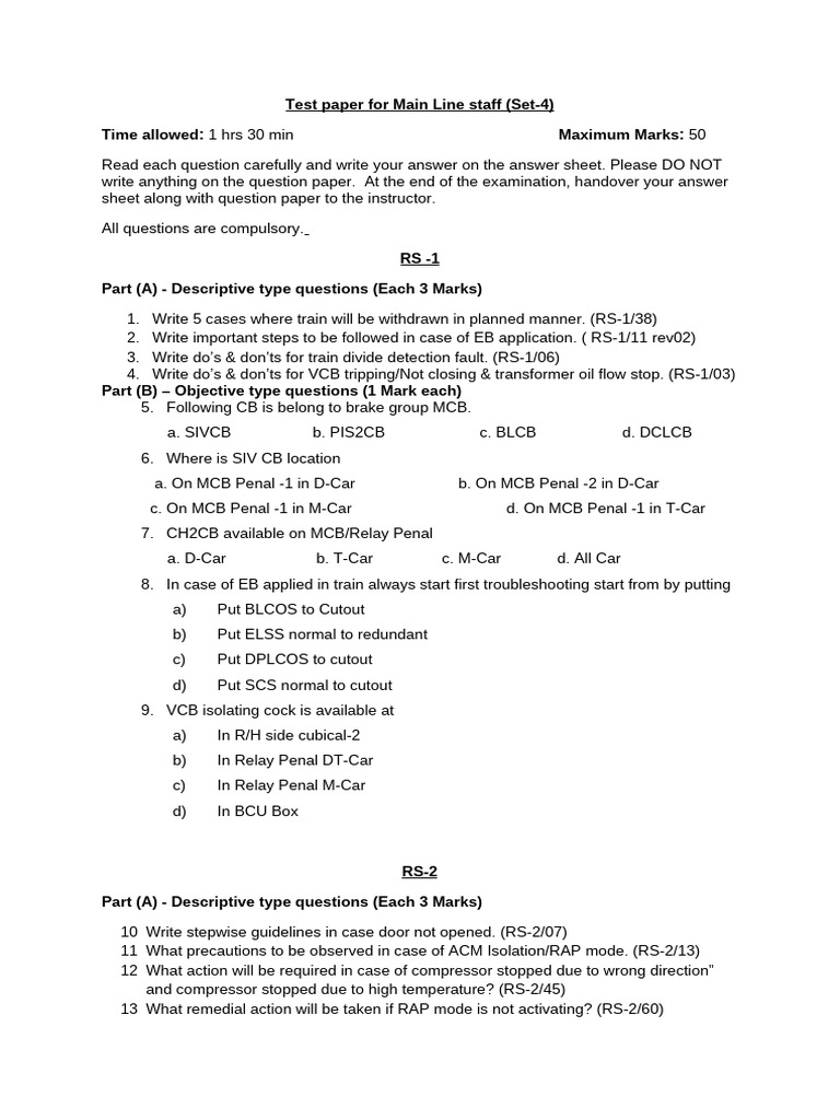 Test Paper For Mainline Staff Set-4 | PDF | Rail Transport | Rolling Stock