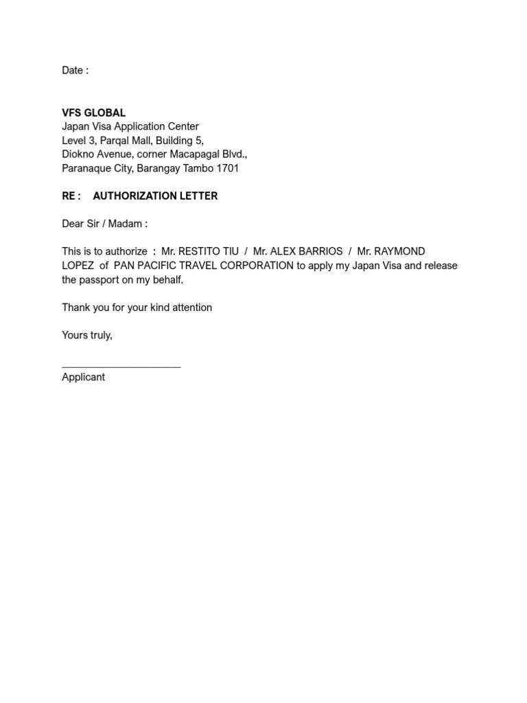Japan Visa Authorization Letter | PDF