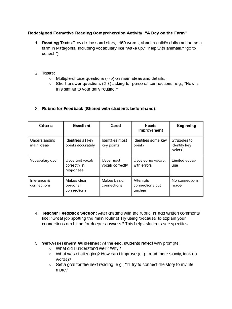 Redesigned Formative Reading Comprehension Activity | PDF