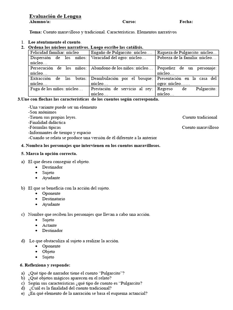 Evaluacion - Cuento Maravilloso y Tradicional | PDF