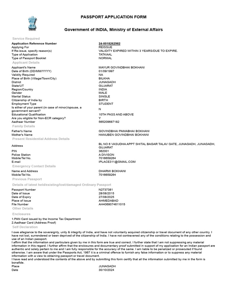 Passport Reissue Application for Mayur Bokhani | PDF | Passport ...