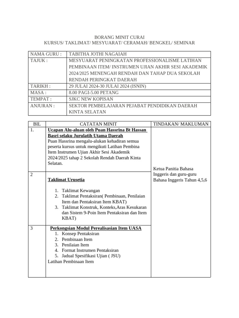 Minit Curai UASA BI 2024 | PDF